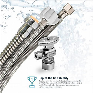 HIGHCRAFT 48847 Lead-Free Stainless Steel Braided Ice Maker Supply Line with Two 1/4'' Fittings on Both Ends, 300