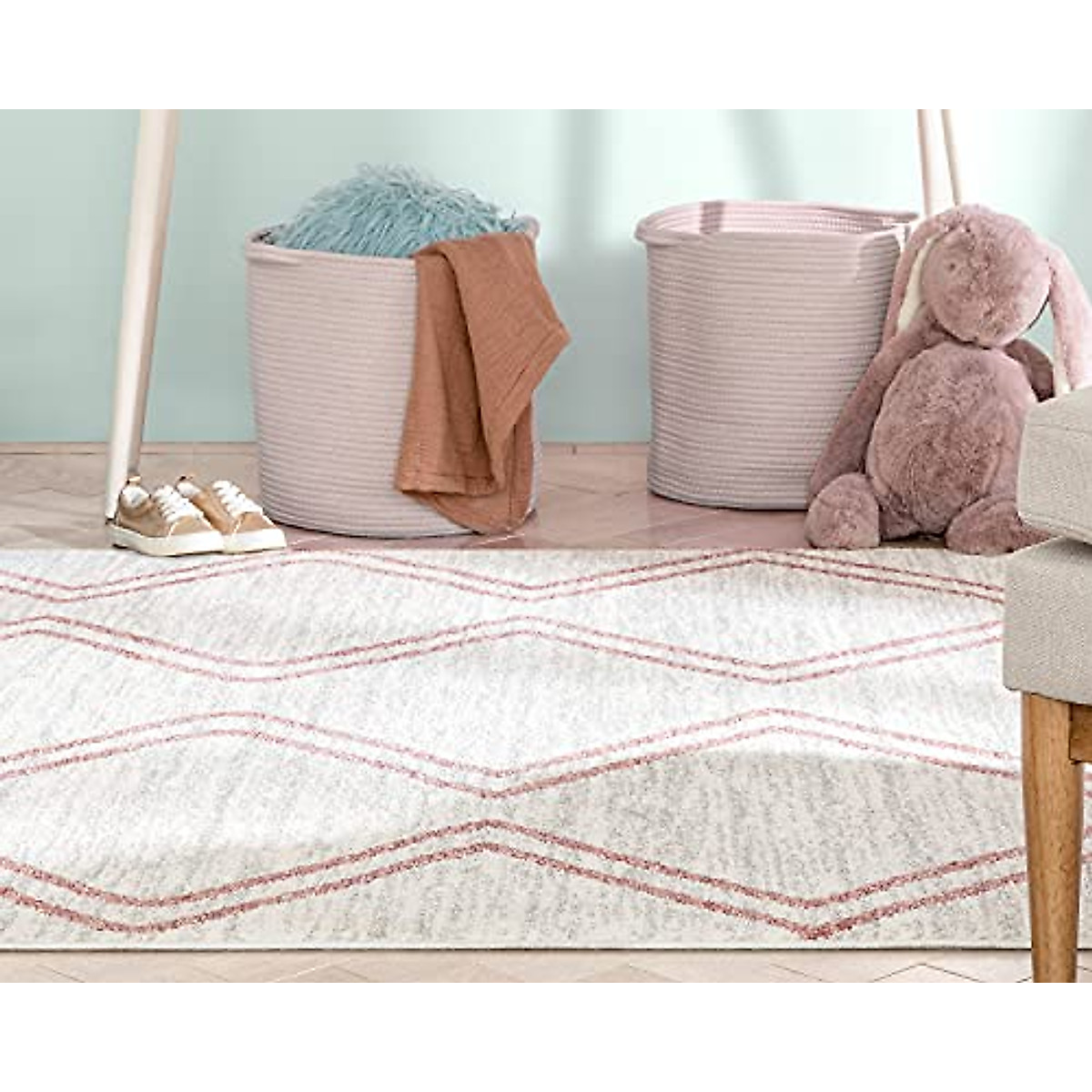 Well Woven Merri Pink Ivory Geometric Stripes Pattern Stain-Resistant Area Rug 5x7 (5'3" x 7'3")