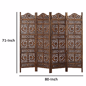 Hand Carved Sun and Moon Design Foldable 4 Panel Wooden Room Divider