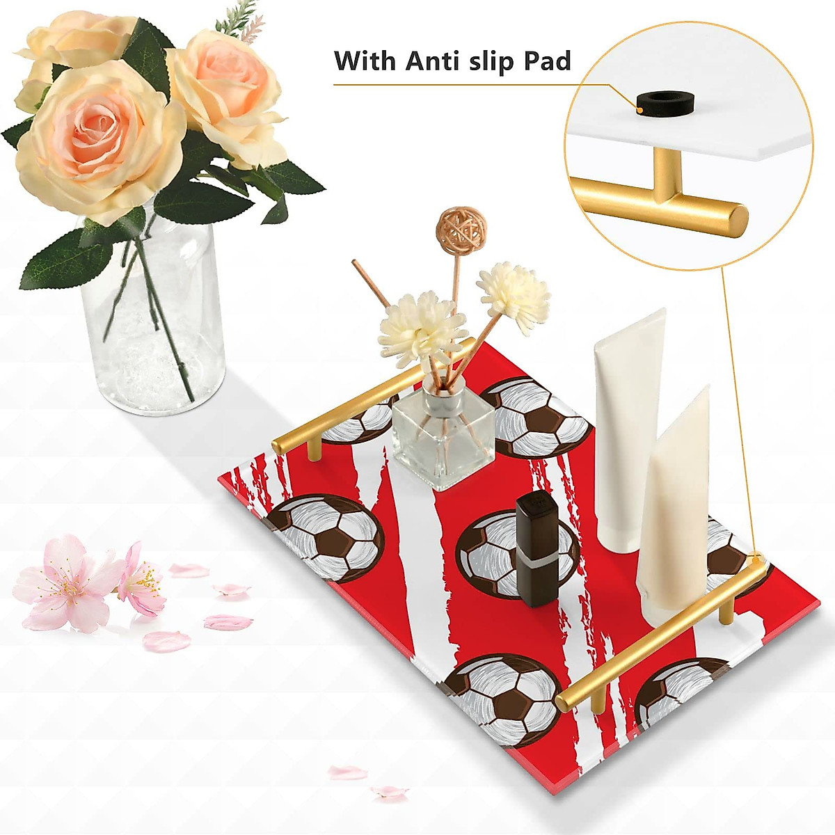 Football and Soccer Bathroom Vanity Tray for Countertop Decorative Trays with Handles Acrylic Hand Towel Tray for Shampoo Perfume Home Decor
