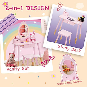 OHKIDS Vanity Set with Table & Stool, Wooden Princess Vanity w/Lights & Mirror, 2-in-1 Kids Makeup Table, Dressing Desk, Large Drawer, Storage Box, Jewelry Rack, Chair, Little Girls Pretend Play Set