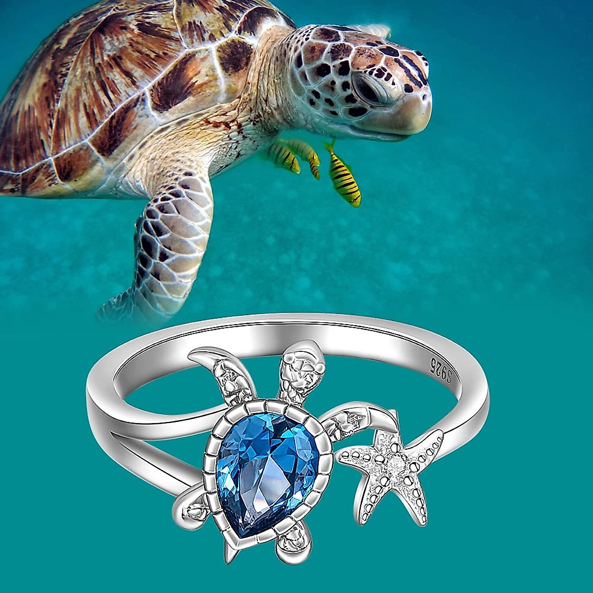 LOVGIFSET Sterling Silver Turtle Ring Rings for Women Sea Turtle Starfish Blue Topaz Animal Jewelry Size 8