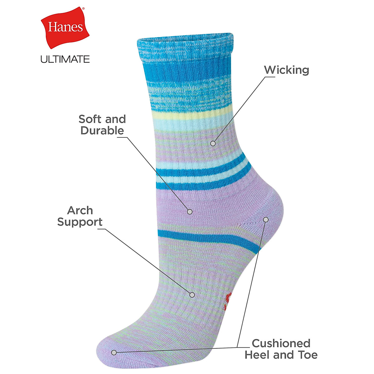 Hanes Originals Ultimate Women's, Ankle and No Show Socks, 6-Pack, Crew-Tie Dye Blue Green/Grey Assorted6 Pack, 5-9