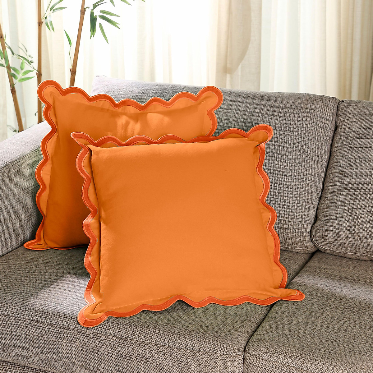 Folkulture Throw Pillow Covers 18x18, Throw Pillow for Couch Pillows for Living Room, Orange Throw Pillow Covers, Set of 2 Boho Throw Pillows, Accent Pillows, Decorative Pillow, Scalloped Pillow Cover