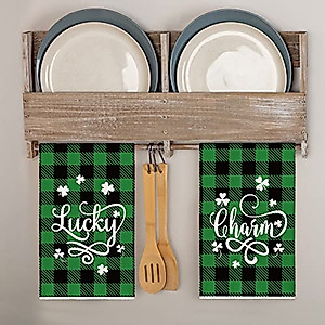 Artoid Mode Buffalo Plaid Lucky Charm St. Patrick's Day Kitchen Dish Towels, 18 x 26 Inch Seasonal Clover Shamrock Ultra Absorbent Drying Cloth Tea Towels for Cooking Baking Set of 2