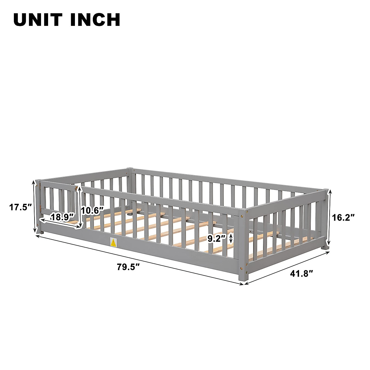 Twin Floor Bed for Kids, Montessori Bed Frame with Fence-Shaped Guardrails, Support Slats and Door, Wood Floor Twin Bed for Kids,Toddler,Boys Girls, No Box Spring Needed(Gray, Twin Bed Frame)