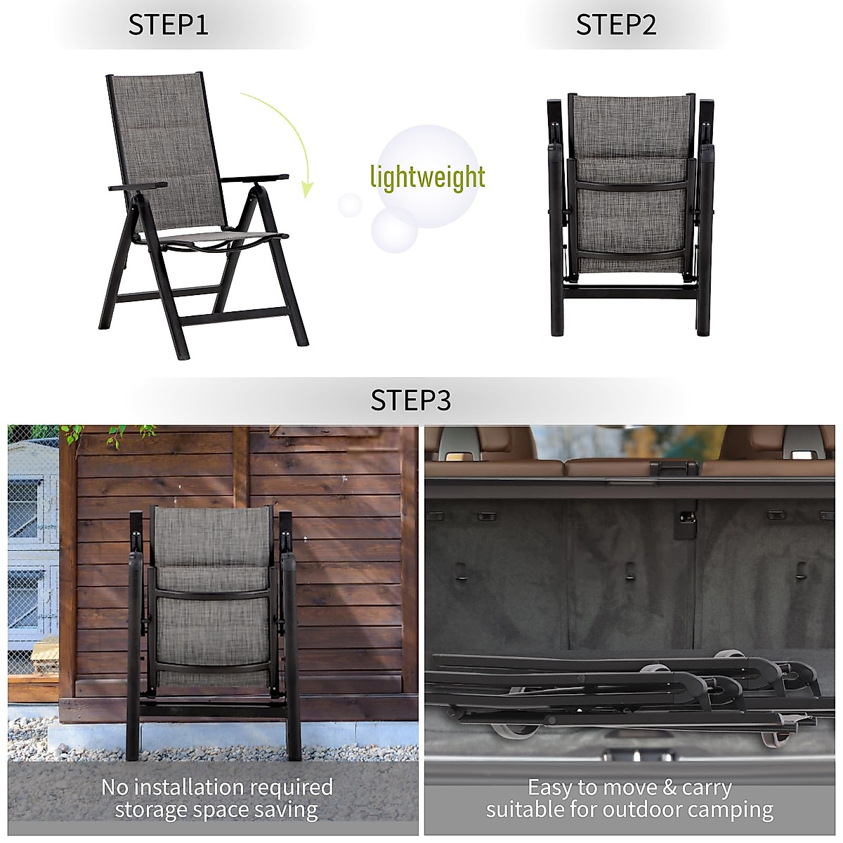 PHI VILLA Patio Dining Chairs Set of 2, Portable Outdoor Dining Chairs Padded Folding Patio Chairs Aluminum with Adjustable High Backrest for Terrace, Porch, Poolside, Yard