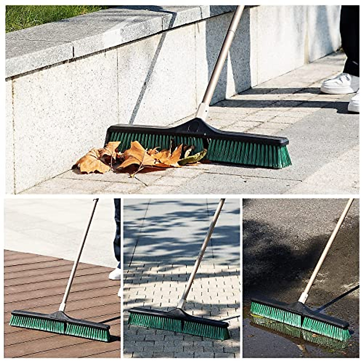 Eyliden 24" Heavy Duty Push Broom, Large Outdoor Stiff Sweeping Brooms with 62" Enhanced Steel Long Handle, Multi-Surface Floor Scrub Brush for Garage Garden Yard Patio Deck (Green, 24inch)