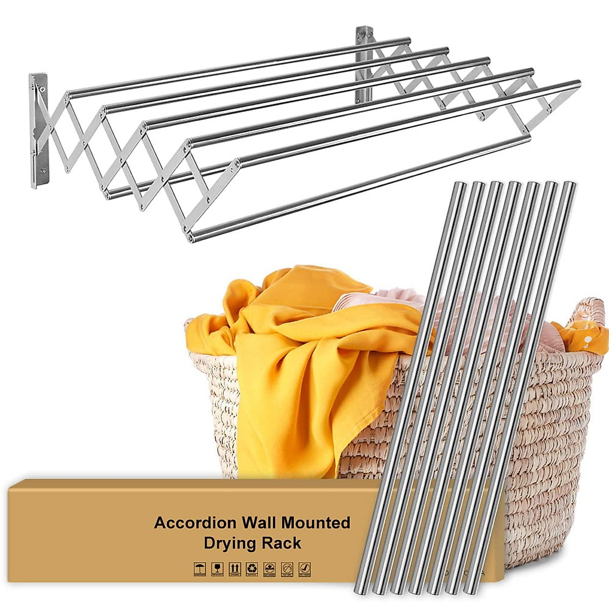 LANDBEAUTY Wall Mounted Laundry Clothes Drying Rack Clothing Heavy Duty Retractable Accordion Wall Hanger Collapsible Hanging Towel Holder for Laundry Room Bathroom(Extra Large 31.5",7-One-piece Rods)