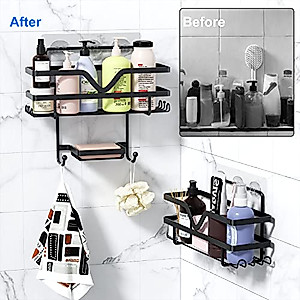 Gaseawolf Adhesive Shower Caddy, 2 Pack Shower Shelf with Soap Holder and Hooks, No Drilling Matte Black Bathroom Shower Organizer for Bathroom, Restroom, Shower Room, Toilet, Kitchen