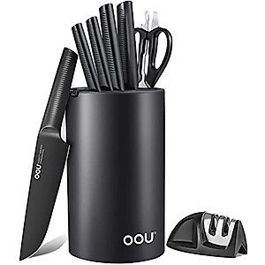 OOU Kitchen Knife Block Set - 8 Pieces High Carbon Stainless Steel Kitchen Knife Sets, Anti-Rust Black Knife Set with Universal Knife Holder
