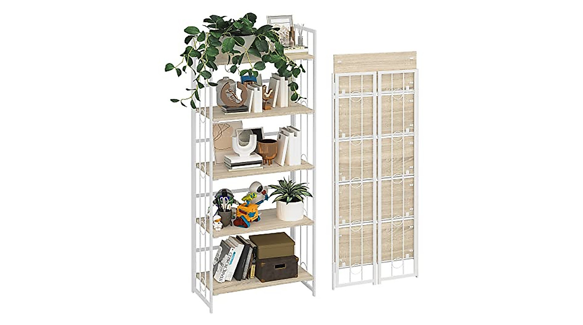 4NM No-Assembly 5 Tiers Folding Bookshelf Storage Shelves Vintage ...
