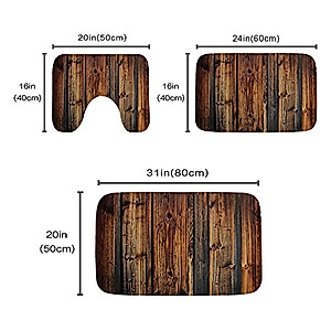 Kntiline Western Country Farmhouse Style Rustic Wood Print Barn Bathroom Rugs and Mats Sets 3 Piece, Memory Foam Bath Mat 20 x 31 in, U-Shaped Contour Shower Mat Non Slip Absorbent