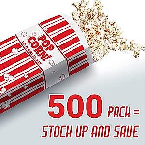 Popcorn Bags Coated for Leak/Tear Resistance. Single Serving 1oz Paper Sleeves in Nostalgic Red/White Design. Great Movie Theme Party Supplies or for Old Fashioned Carnivals & Fundraisers! (500)