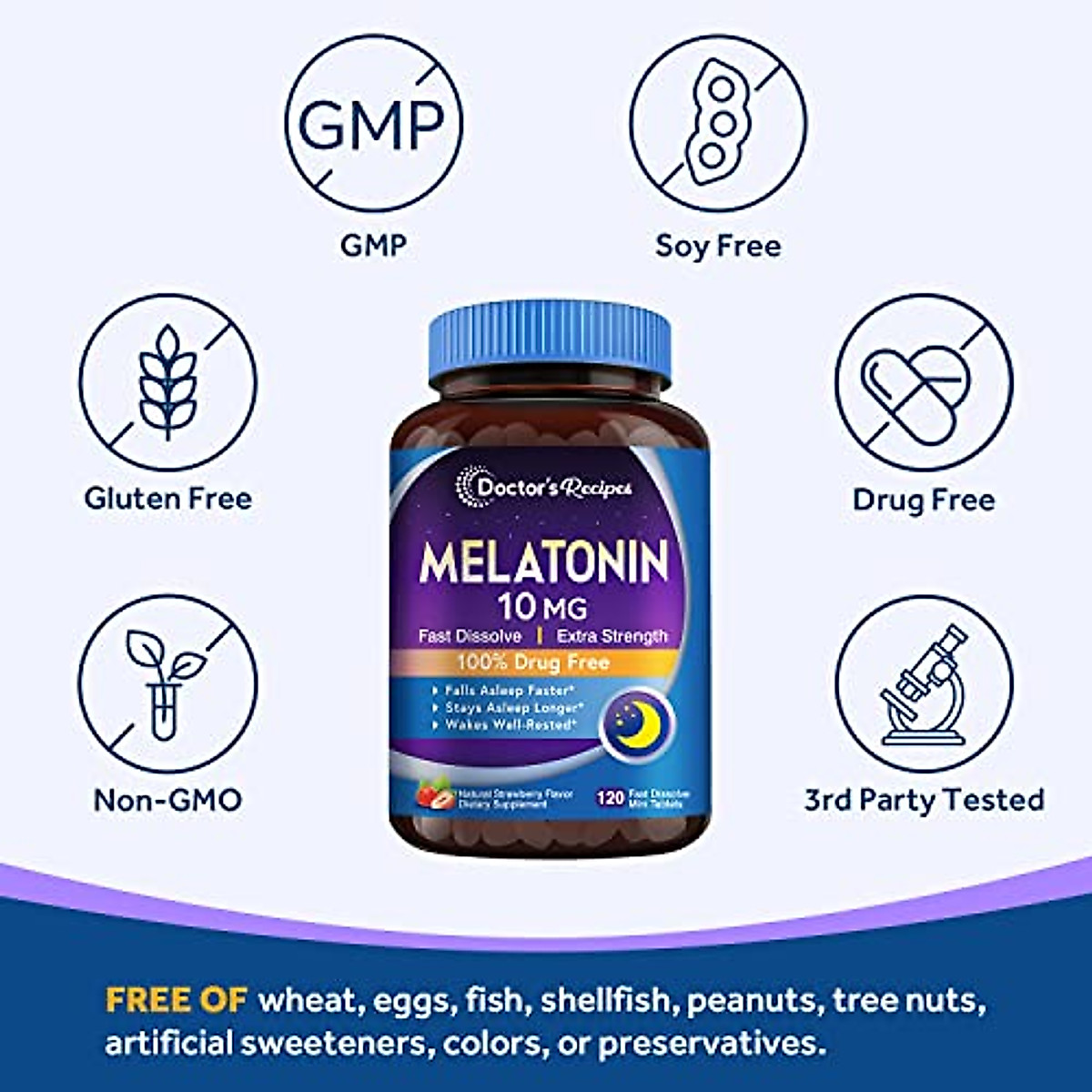 Doctor‘s Recipes Melatonin 10 mg Fast Dissolve 120 Tablets, Natural Sleep Support, Promote Relaxation & Calmness, Non-GMO, Natural Strawberry Flavor, No Water Needed