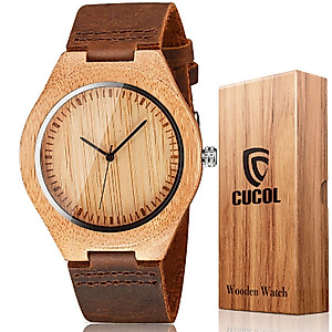 CUCOL Mens Wooden Watches Brown Cowhide Leather Strap Casual Watch for Groomsmen Gift with Box