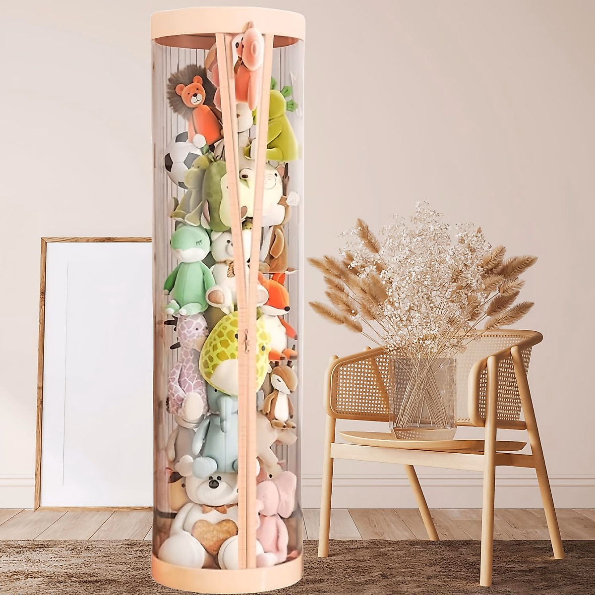 Flarelyare Stuffed Animal Storage Tube,Stuff Animal Organizer,Stuffed Animal Zoo Storage, PET Transparent Bucket with Zipper for Kids Toy Organizer,59" X 10"Large Toy Storage Box with Lid（Pink