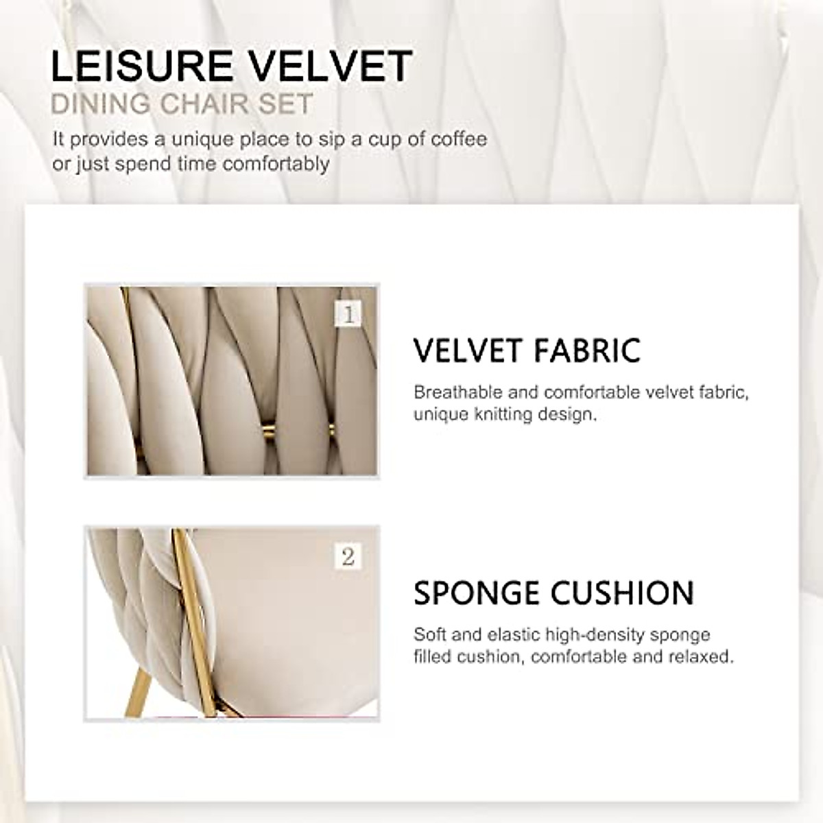 Nrizc Velvet Dining Chairs Set of 2, Woven Upholstered Dining Chairs with Gold Metal Legs, Modern Accent Chairs for Living Room, Dining Room, Kitchen