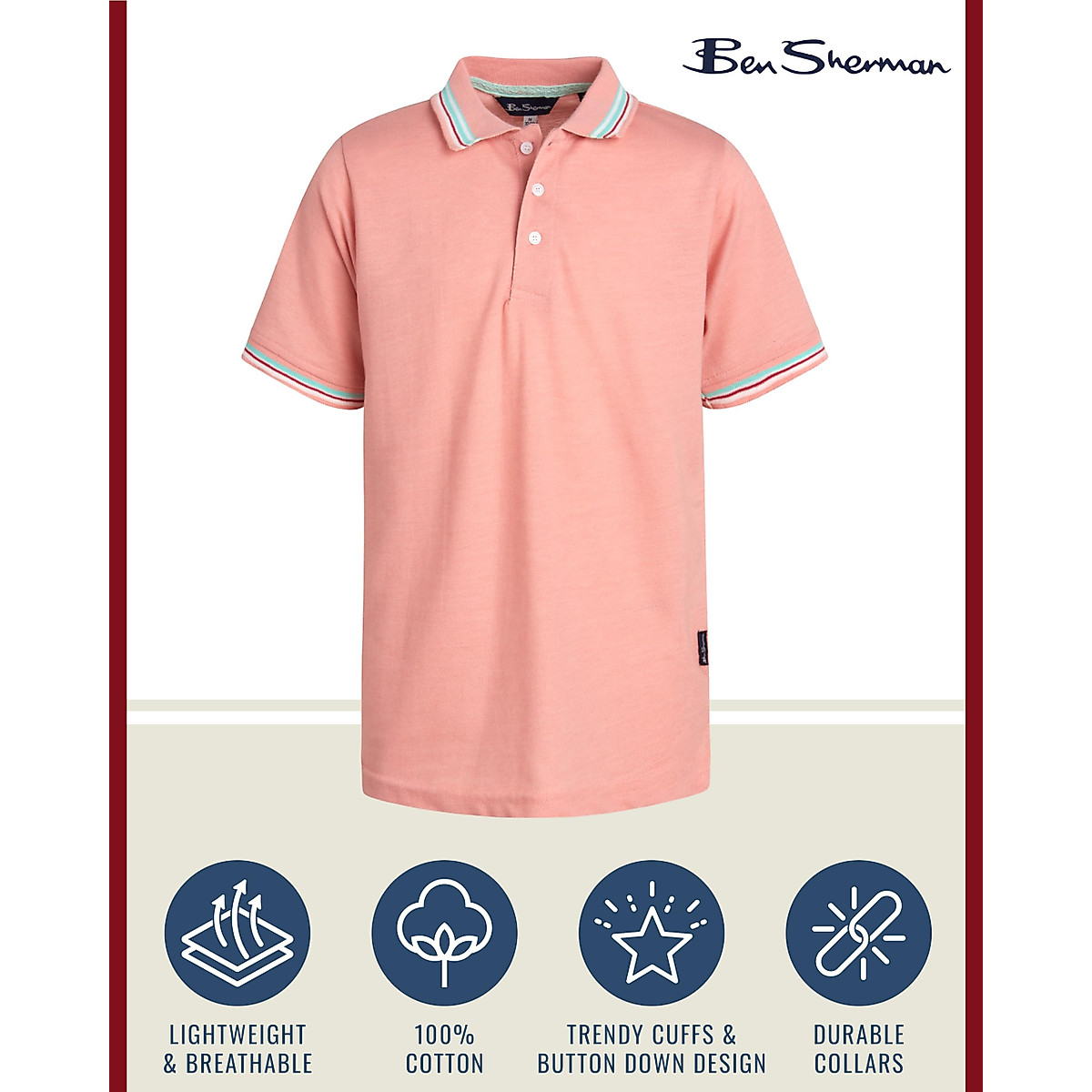Ben Sherman Boys' Polo Shirt - Classic Fit Short Sleeve Pique Polo - Comfort Stretch Golf Shirt for Boys (8-18), Size 10-12, Pink