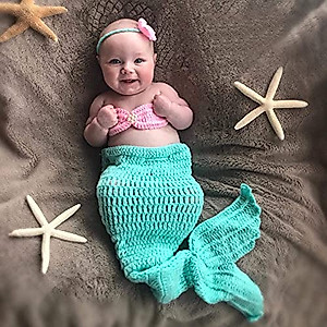 M&G House Newborn Photography Prop Mermaid Outfit Baby Photo Props Handmade Crochet Mermaid Tail Outfit Baby Mermaid Costume Set Headband Bra Tail(Aquamarine)