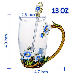 Tea Cup Glass Mug Cups, Mother's Day Gifts, Handmade Enamel Flower Coffee Cup with Spoon Set, Unique Gift Valentine's Birthday Wedding Christmas for Mom Women Grandma Teacher Friend-13 OZ Blue Tall