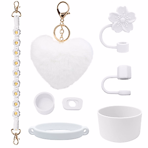 8PCS Cup Accessories Set for Stanley Tumbler 30 oz & 40 oz Cups with Handle, Including Strap,Straw Bow Decorate,Strawv Topper,Silicone Spill-Proof Stopper,Handle Charms,Decor for Boy Girl (white)