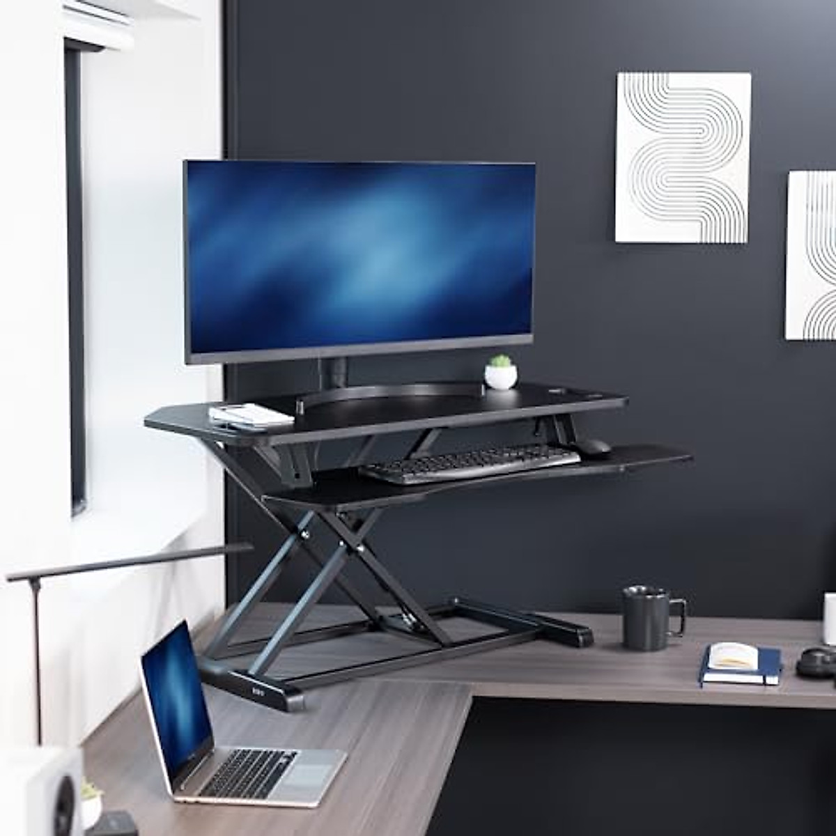 VIVO Extra Wide 38 inch Corner Desk Converter, K Series, Height Adjustable Sit to Stand Riser, Dual Monitor and Laptop Workstation with Wide Keyboard Tray, Black, DESK-V000KL