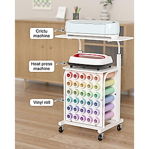 Zefinot Rolling Craft Cart with Vinyl Roll Holder and Adjustable Table Height, Craft Organizers and Storage Table Compatible with Cricut Machine for Craft Room