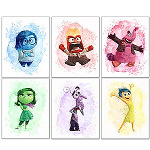 Inside Out Watercolor Wall Art Prints - Set of 6 (8 inches by 10 inches) Photos - Joy Sadness Fear Anger Disgust Bing Bong