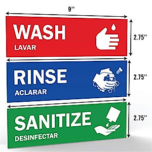 Wash Rinse Sanitize Sink Labels - Ideal Handwashing Signs for 3 Compartment Sink - 2.75" x 9" - Perfect Label Stickers for Restaurants, Commercial Kitchens, Food Trucks, Bussing Stations, Wash Station
