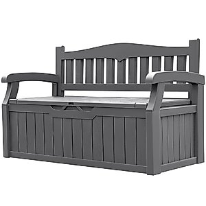 Greesum 70 Gallon Outdoor Storage Bench, Resin Patio Furniture with Armrest,Waterproof and Durable, Perfect to Garden, Poolside and Lawn,Grey