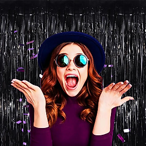 Black Streamers for Black Party Decorations-SINBEE Black Foil Fringe Curtain Black Birthday Decorations Black Fringe Backdrop for Halloween- 2 Packs