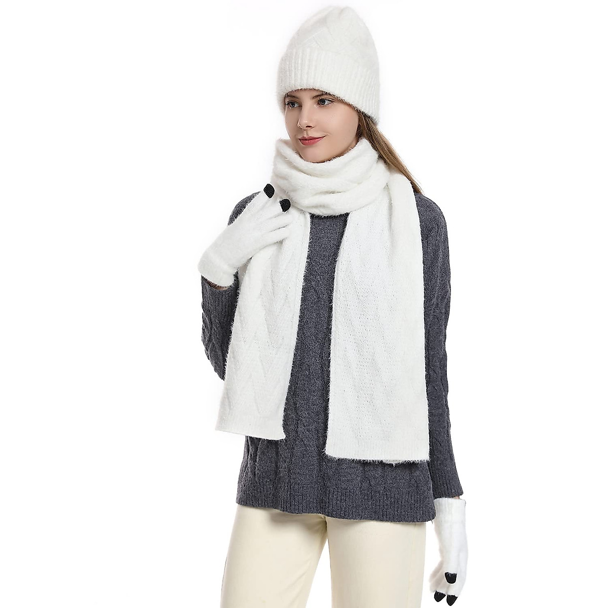 ecodudo Women Winter Beanie Hat Scarf Set Touch Screen Gloves Set with Pom for Women (White)