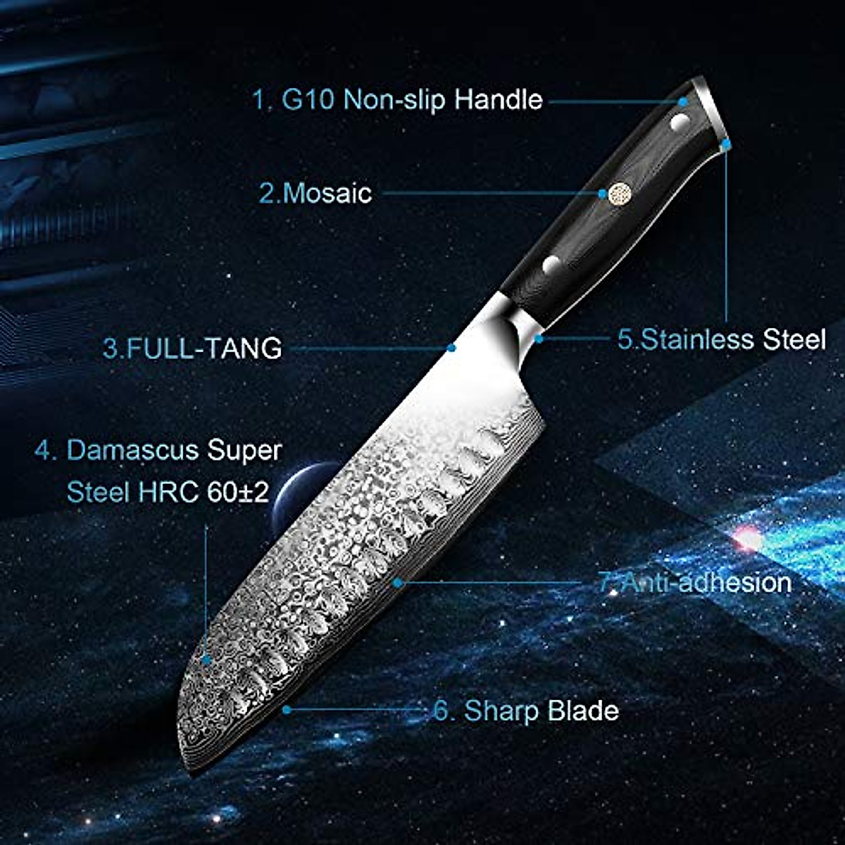 LEVINCHY Damascus Santoku Knife 7 inch Professional Japanese Damascus Stainless Steel with Black Premium G10 Handle, Superb Edge Retention, Stain & Corrosion Resistant Ergonomic