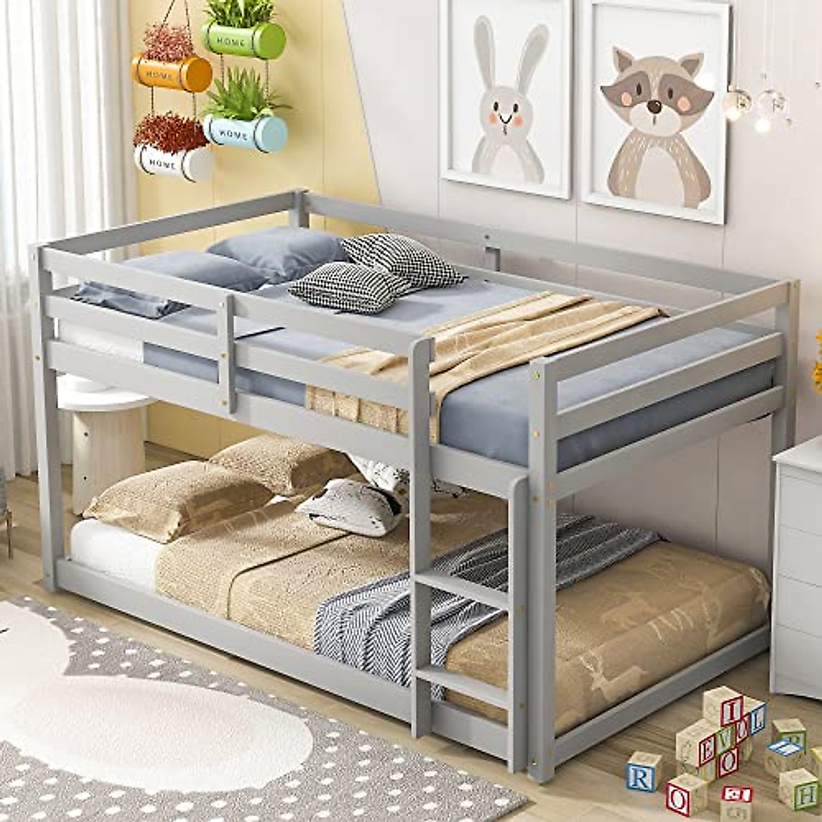 CNANXU Twin Low Bunk Bed, Twin Loft Bed with Ladder for Boys and Girls, Wood Twin Over Twin Bunk Bed Frame with Full Length Guardrail, Multifunctional Design, Wooden Slat Support (Grey)