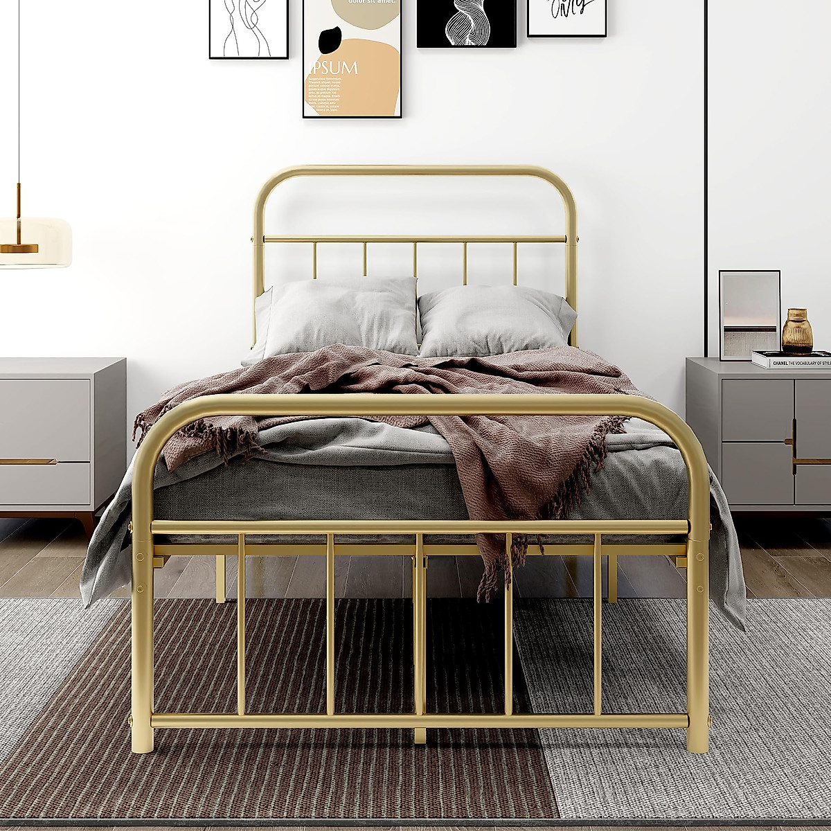 AUFANK Twin XL Metal Platform Bed Frame with Vintage Headboard Footboard Extra Strong Support No Box Spring Needed Noise Free Easy Assembly Gold