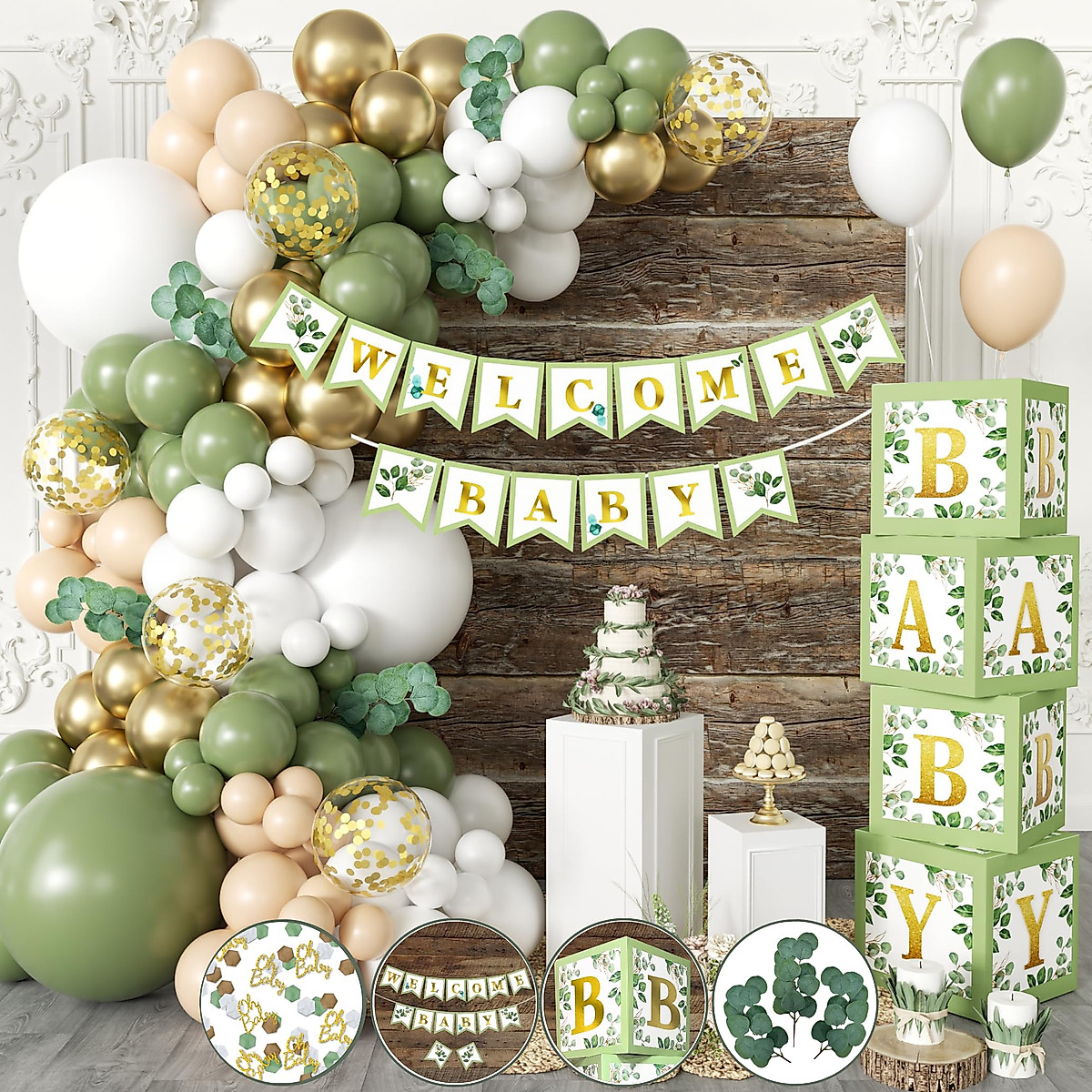258 PC Sage Green Baby Shower Decorations, Gender Neutral Mint Balloons Garland and BABY Boxes, Welcome Baby Banner, Olive Green Baby Shower Decorations for Boy and Girl, Woodland Safari Jungle