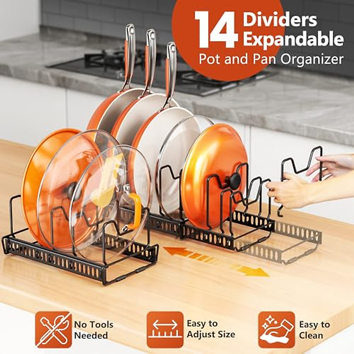 MonaSixy Pots and Pans Organizer Under Cabinet,Expandable Pan Organizers Inside Cabinet, 3 Methods 14 Adjustable Divider, 3-Pack Pot Lid Rack Holder Kitchen Storage for Cookware, Baking Sheet