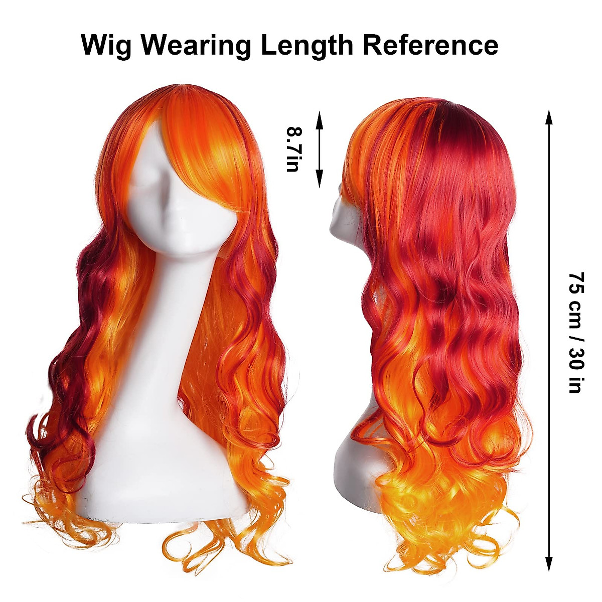 Rbenxia 30 Inch Gradient Orange Yellow Wigs Colorful Long Curly Wavy Wigs Hair Heat Resistant Spiral Costume Wigs Anime Fashion Halloween Christmas Cosplay Party (Yellow to Orange to Red)
