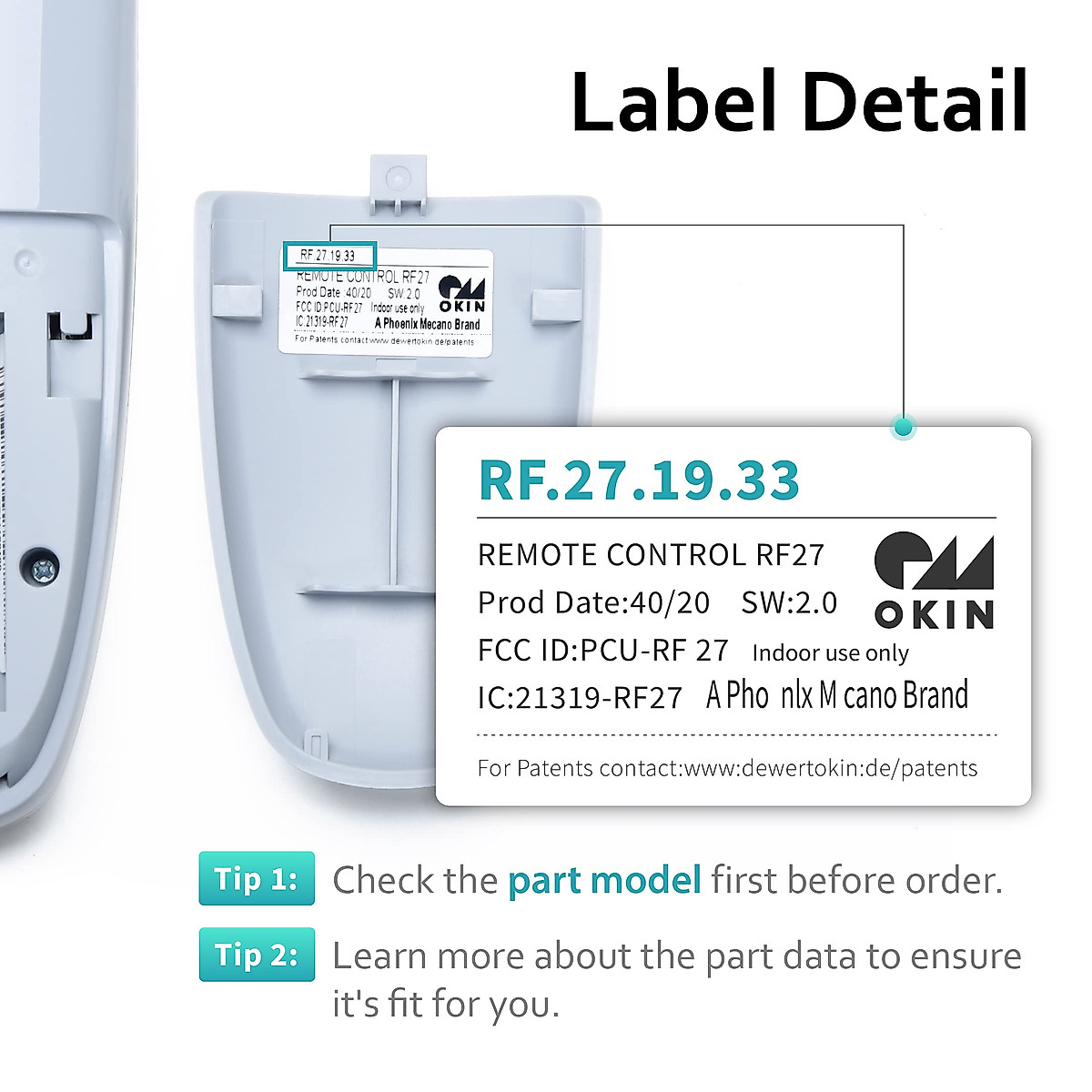 Okin Wireless Remote Replacement Hand Control for Electric Adjustable Beds RF.27.19.33