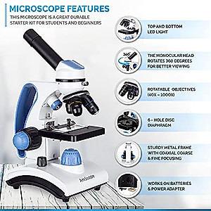 AmScope M162C-2L-WM-SP14-50P100S 40X-1000X Dual Light Glass Lens Metal Frame Student Microscope + Slides