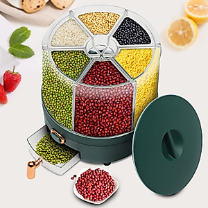 BANLICALI 6 Grid Rice Dispenser, 360° Rotating Dry Rice Dispenser PET PP Kitchen Grain Storage Container with Anti-slip Pads for Store Rice and Beans Green+Clear (Medium)