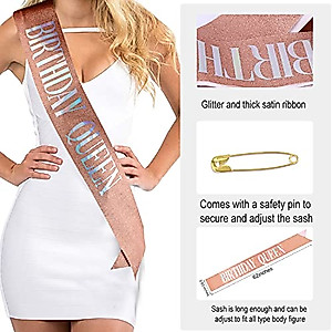 SuPoo Rose Gold Birthday Crown and Sash Kit Birthday Tiara Glitter Birthday Sash for Women Birthday Queen Sash Rhinestones Princess Crown with Comb Crystal Birthday Decorations Party Supplies Favors