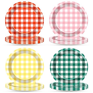 Lonfliness 48Pcs Camp Gingham Paper Plates 7Inch Gingham Checkered Bachelorette Party Supplies Glamping Birthday Tableware Dinnerware Set Summer Plaid Camping Themed Party Favors Baby Bridal Shower