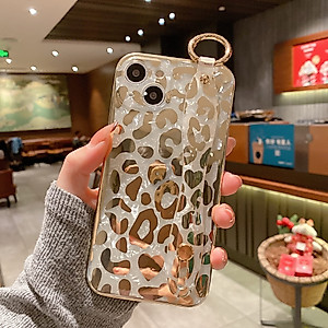 AYABUCO for iPhone 14 Plus Case Golden Plating Leopard Wrist Strap Holder and Finger Loop, Soft TPU Adjustable Wrist Strap Loop Kickstand Cute Print Pattern Design Women Girls Protective Cover