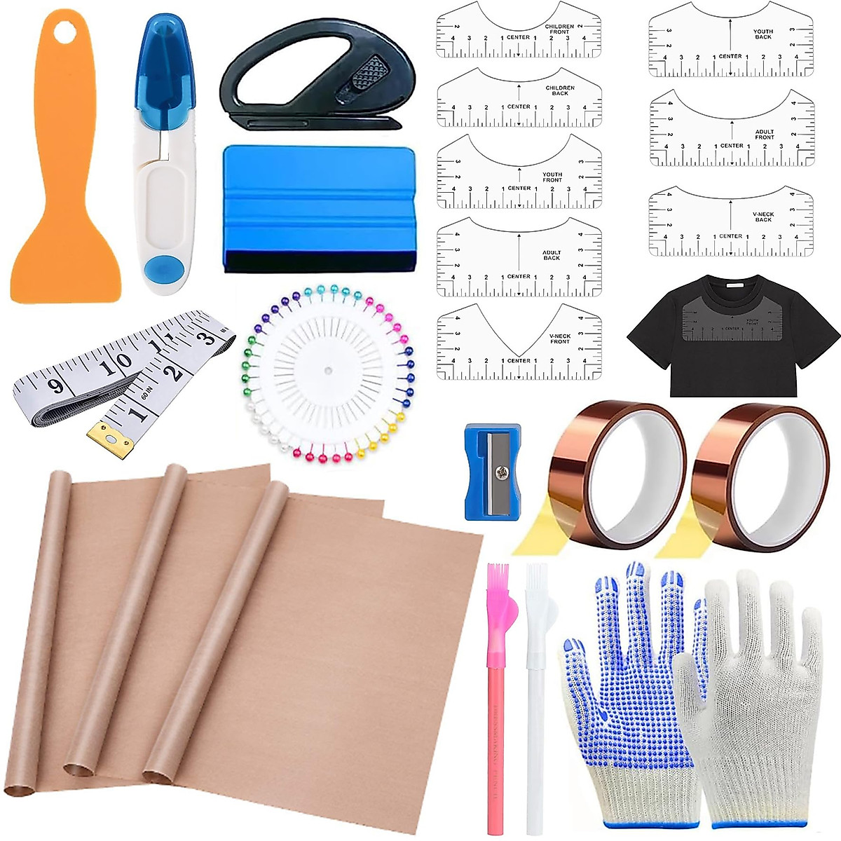 XEUZK Sublimation Shirts Tool Kits with 8 T Shirt rulers, 3Pack Teflon Sheet for Heat Press 12 x 16in, Heat Resistant Gloves with Silicone Bumps, 2 Rolls Heat Resistant Tape, 2Pcs Sublimation Pencil