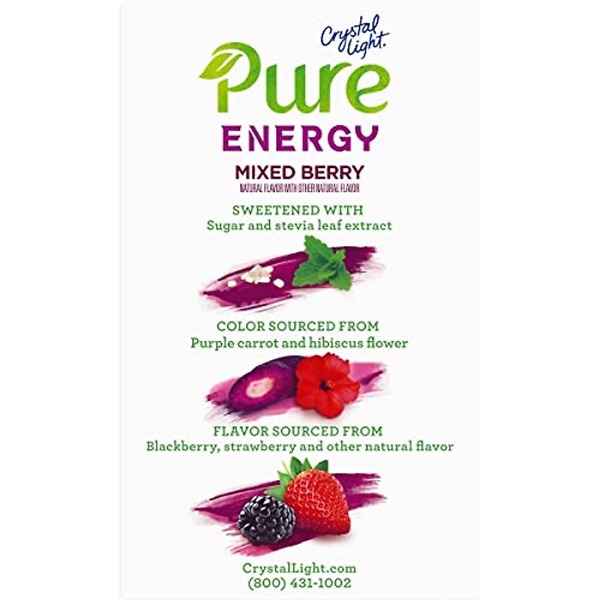 Crystal Light Pure Energy Mixed Berry Drink Mix with Caffeine, 48 ct Pack, 8 Boxes of 6 Packets