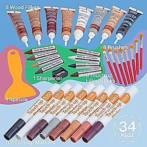 Katzco Total Furniture Repair Kit - Set of 34 - Resin Repair Wood Filler, Brushes, Markers with Plastic Scraper - for Stains, Scratches, Wood Floors, Tables, Desks, Carpenters, Bedposts