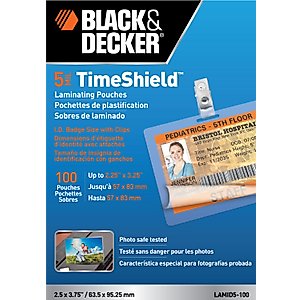 Black + Decker TimeShield Thermal Laminating Pouches, ID Badge with Clips, 5 mil - 100 Pack of Horizontal Badges (LAMID5-100)