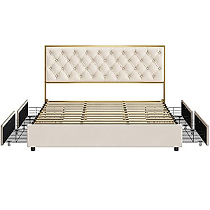 HIFIT King Platform Bed Frame with 4 Storage Drawers, Upholstered with Button Tufted Headboard, Heavy Duty Mattress Foundation with Wooden Slats, No Box Spring Needed, Golden and Beige